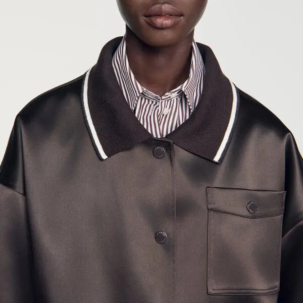 Sandro Satin-look Jacket With Polo Collar And Drawstring Hem