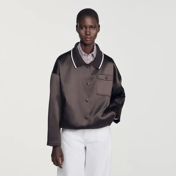 Sandro Satin-look Jacket With Polo Collar And Drawstring Hem