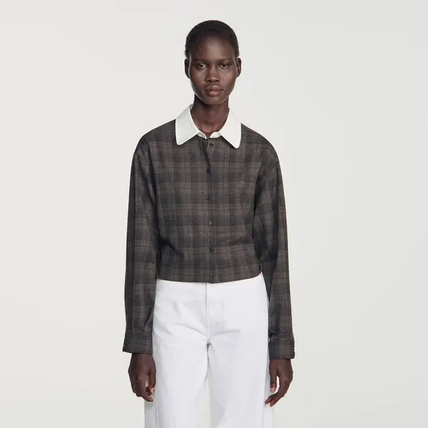 Sandro Check Shirt With Contrast Collar And Pleated Back