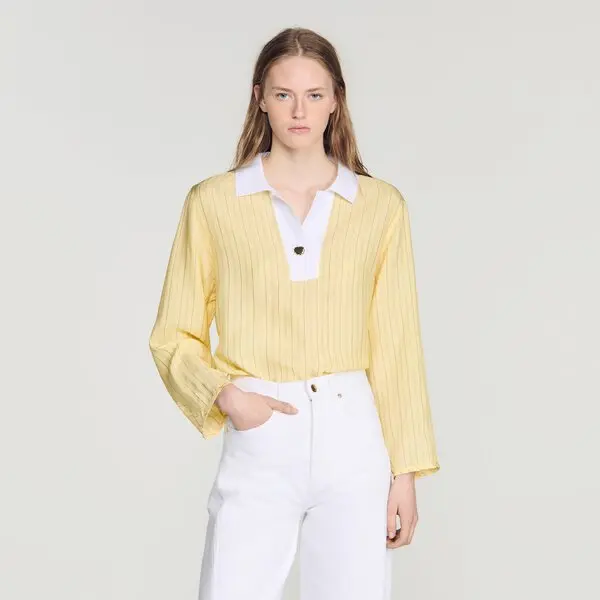 Sandro Striped Cotton Top With Contrasting Collar