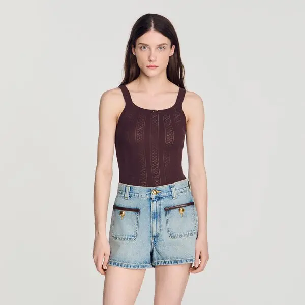 Sandro Pointelle Knit Top With Bow