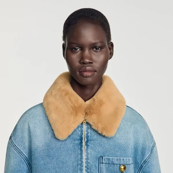 Sandro Denim Coat With Faux Fur Collar
