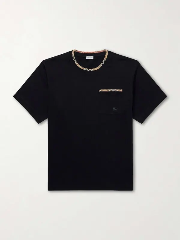 Burberry Logo-embroidered Checked Cotton-jersey T-shirt - Black