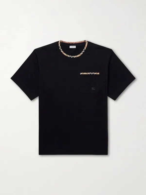 Burberry Logo-embroidered Checked Cotton-jersey T-shirt - Black