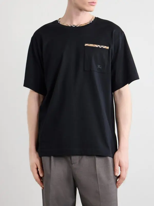 Burberry Logo-embroidered Checked Cotton-jersey T-shirt - Black