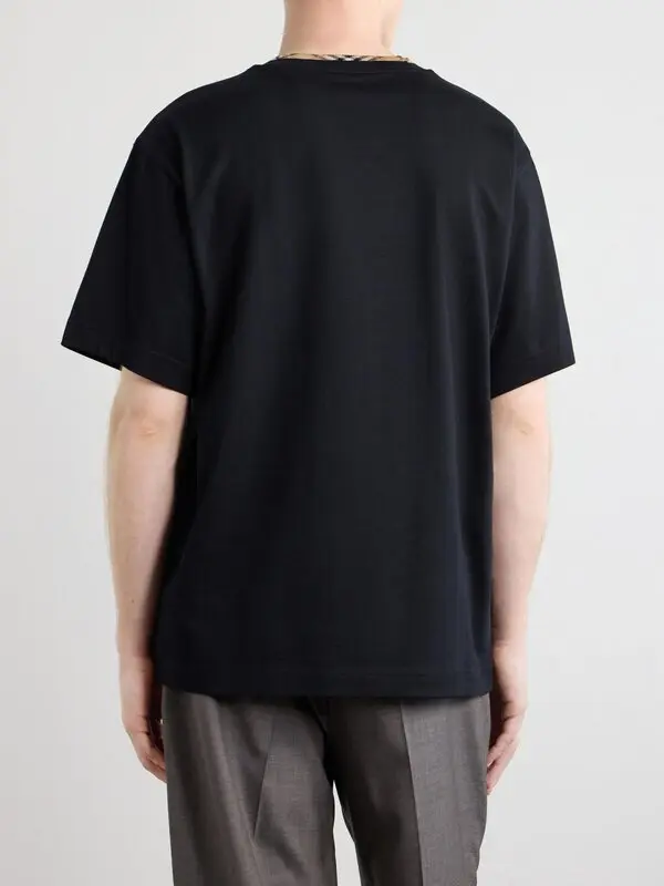 Burberry Logo-embroidered Checked Cotton-jersey T-shirt - Black