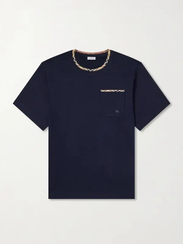 Burberry Logo-embroidered Checked Cotton-jersey T-shirt - Blue