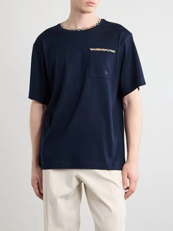 Burberry Logo-embroidered Checked Cotton-jersey T-shirt - Blue