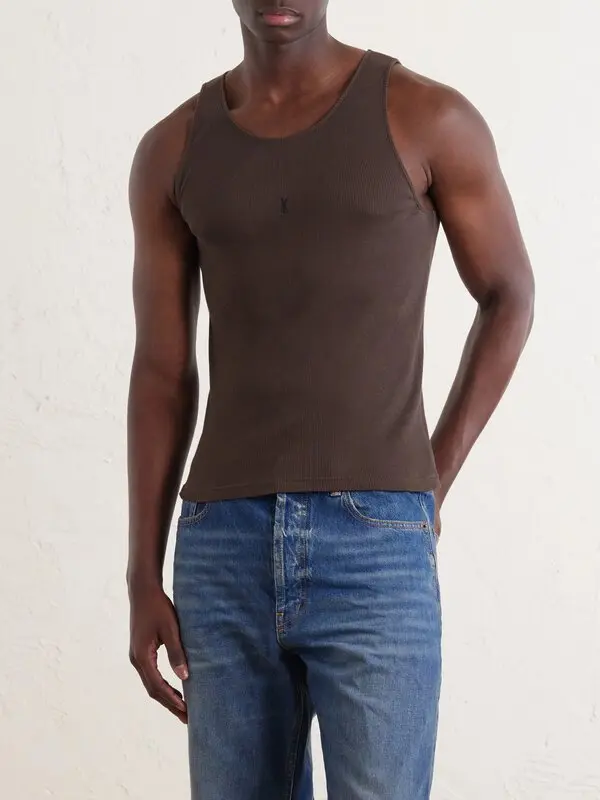 Saint Laurent Ribbed Cotton Tank Top - Brown