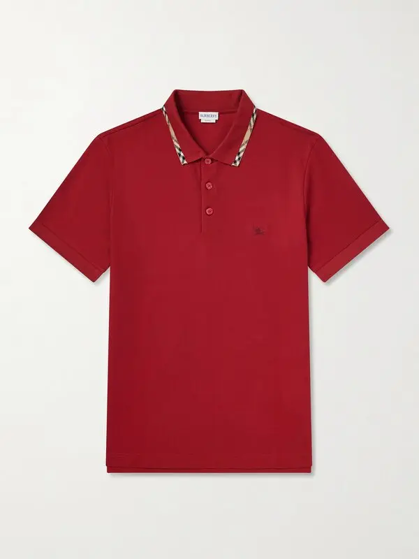 Burberry Logo-embroidered Checked Cotton-piqué Polo Shirt - Red