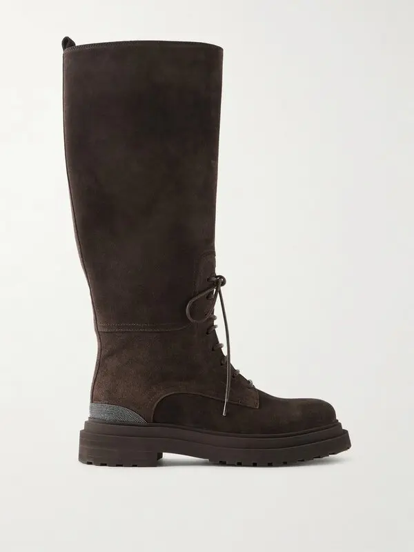 Brunello Cucinelli Suede Lace-up Knee-high Boots With Monili Bead Embellishment - Brown