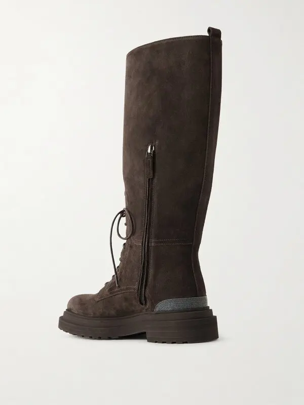 Brunello Cucinelli Suede Lace-up Knee-high Boots With Monili Bead Embellishment - Brown