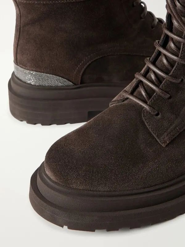 Brunello Cucinelli Suede Lace-up Knee-high Boots With Monili Bead Embellishment - Brown