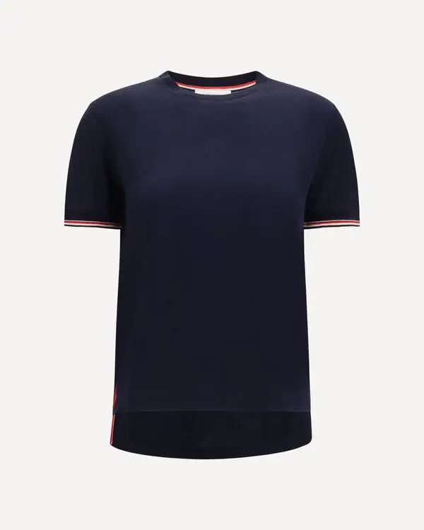 Thom Browne Wool-blend Crewneck T-shirt With Contrasting Trims - Blue
