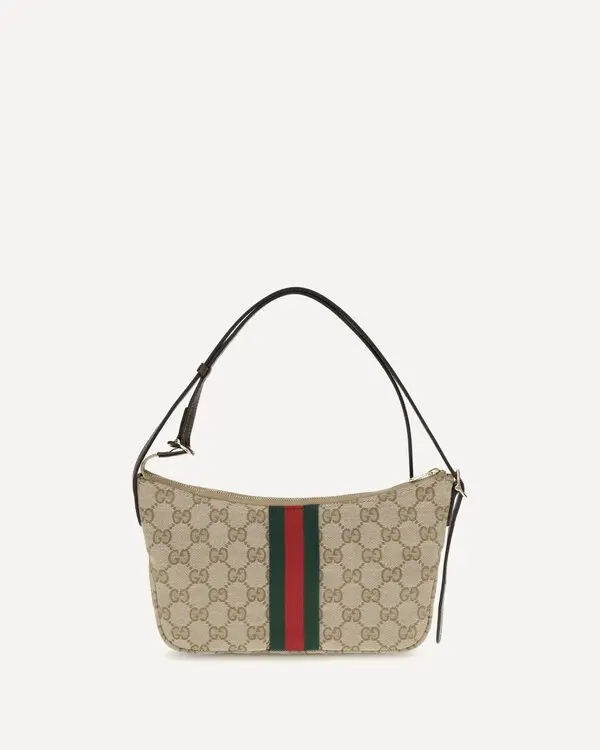 Gucci Small Gg Supreme Canvas Shoulder Bag With Web Stripe - Beige