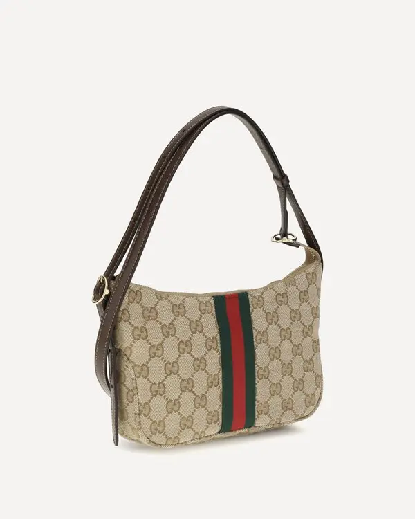 Gucci Small Gg Supreme Canvas Shoulder Bag With Web Stripe - Beige
