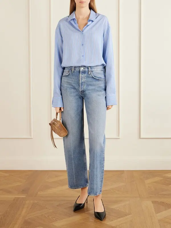 THE FRANKIE SHOP Peri Oversized Striped Georgette Shirt - Blue