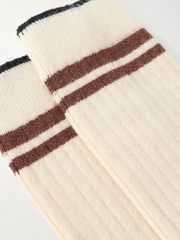 Brunello Cucinelli Ribbed Cashmere Crew Socks With Striped Cuffs