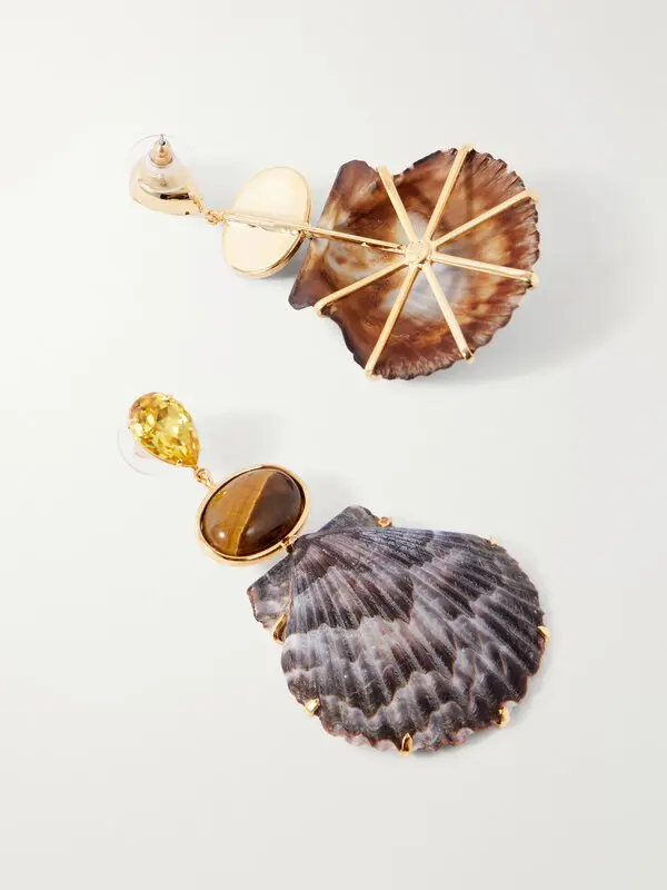 JENNIFER BEHR Augustine Gold-tone Crystal And Tiger Eye Seashell Drop Earrings