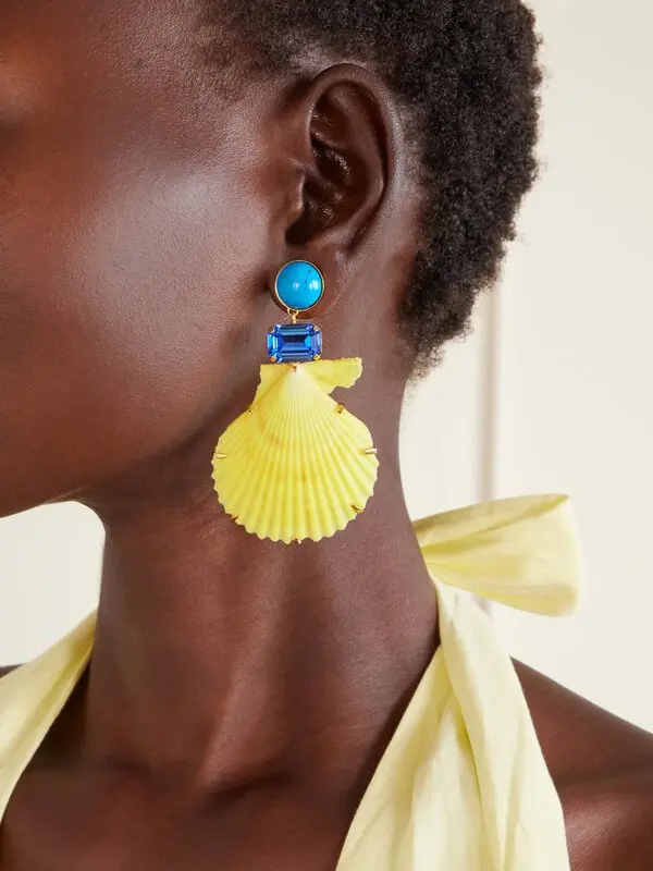 JENNIFER BEHR Safira Gold-tone Turquoise And Crystal-embellished Seashell Earrings - Yellow