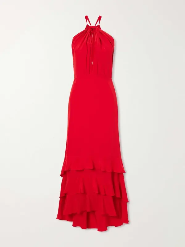 ANDRES OTALORA Vino De Palma Ruffled Duchesse-satin Silk Halterneck Maxi Dress - Red