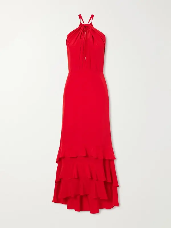 ANDRES OTALORA Halterneck Ruffled Silk Maxi Dress - Red
