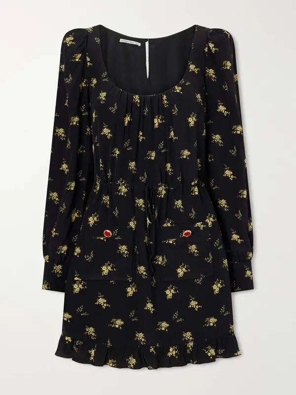 Alessandra Rich Ruffled Floral-print Crepe Mini Dress - Black