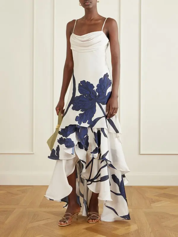 ANDRES OTALORA Printed Ruched Ruffled Satin Maxi Dress