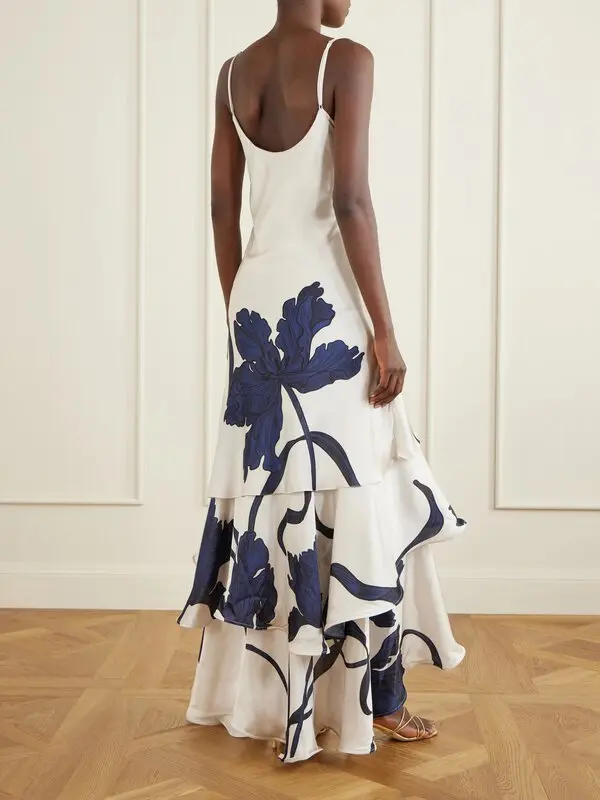 ANDRES OTALORA Printed Ruched Ruffled Satin Maxi Dress