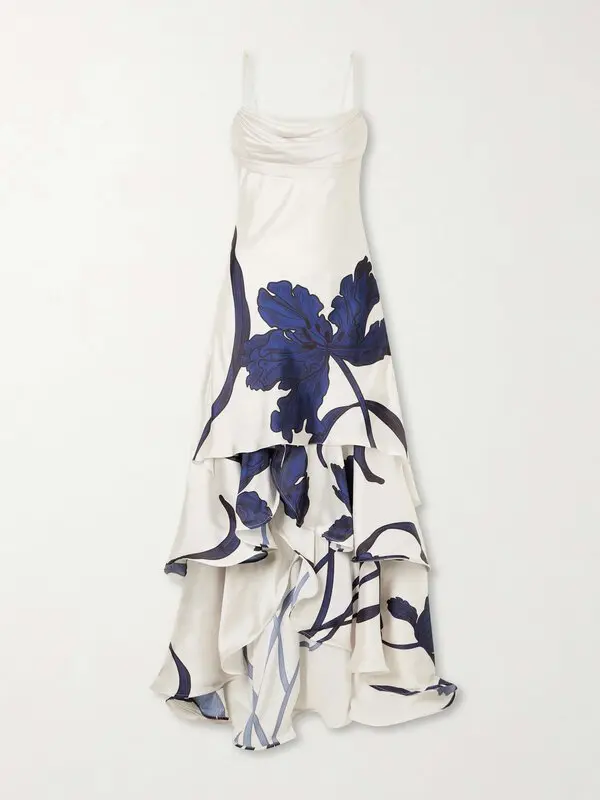 ANDRES OTALORA Inoportuna Printed Ruched Ruffled Satin Maxi Dress - Navy