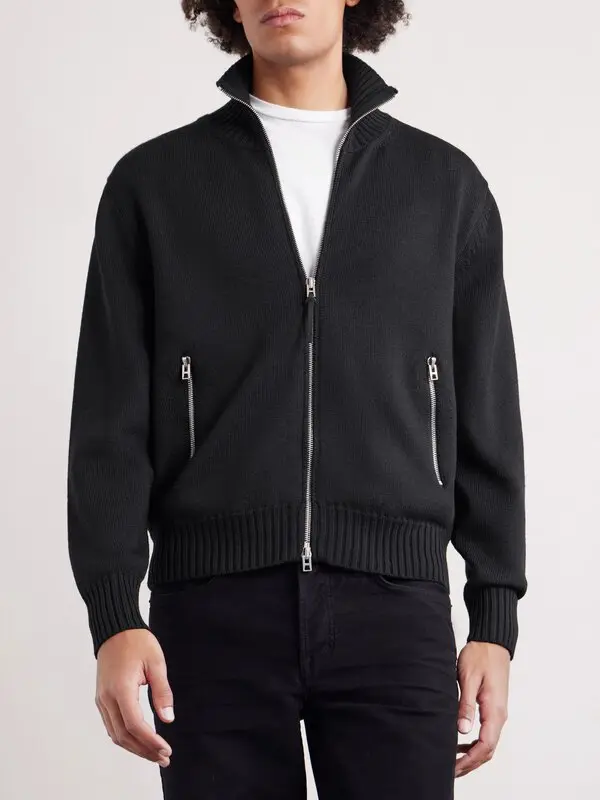 TOM FORD Leather-trimmed Merino Wool Cardigan