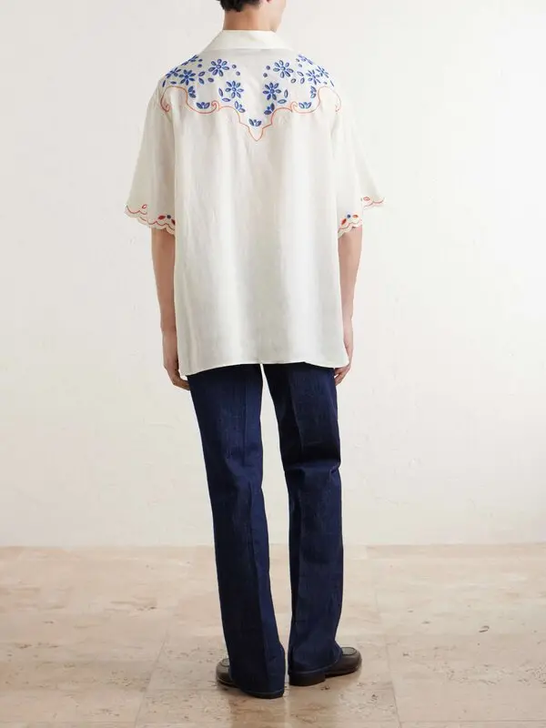 Valentino Garavani Camp-collar Embroidered Linen Shirt