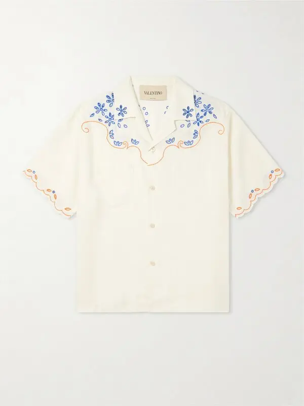 Valentino Garavani Camp-collar Embroidered Linen Shirt
