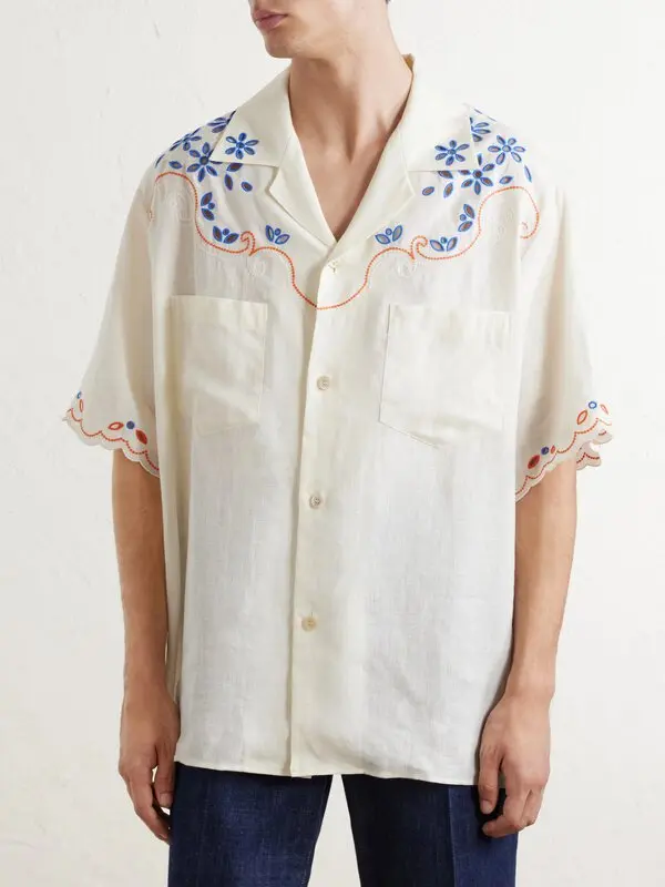 Valentino Garavani Camp-collar Embroidered Linen Shirt