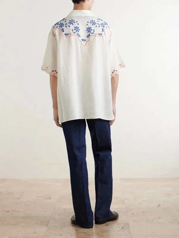 Valentino Garavani Camp-collar Embroidered Linen Shirt
