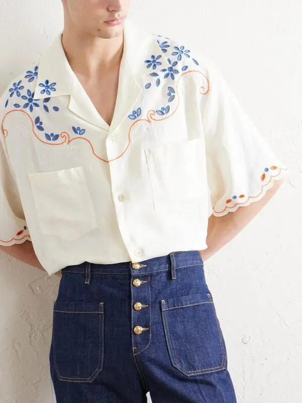 Valentino Garavani Camp-collar Embroidered Linen Shirt