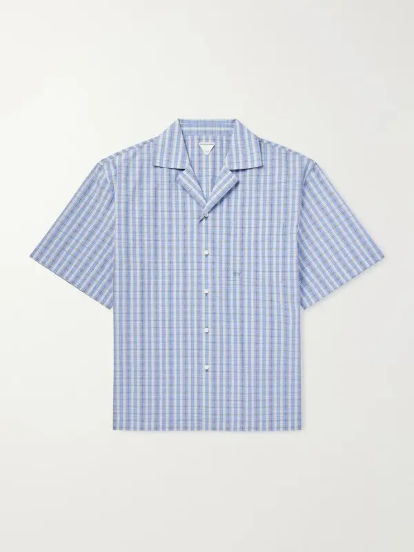 Bottega Veneta Camp-collar Logo-embroidered Checked Cotton And Silk-blend Shirt