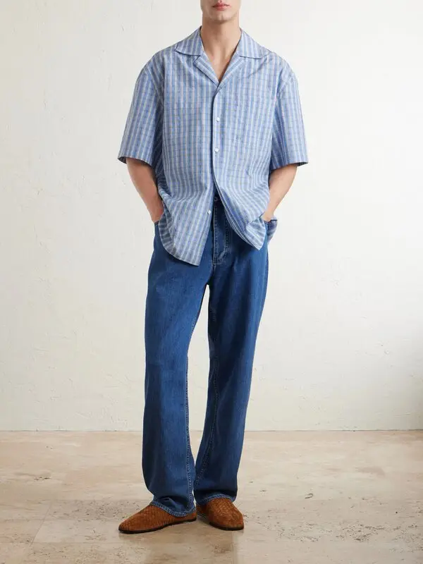 Bottega Veneta Camp-collar Logo-embroidered Checked Cotton And Silk-blend Shirt