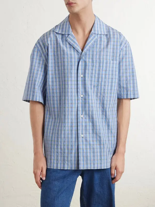 Bottega Veneta Camp-collar Logo-embroidered Checked Cotton And Silk-blend Shirt