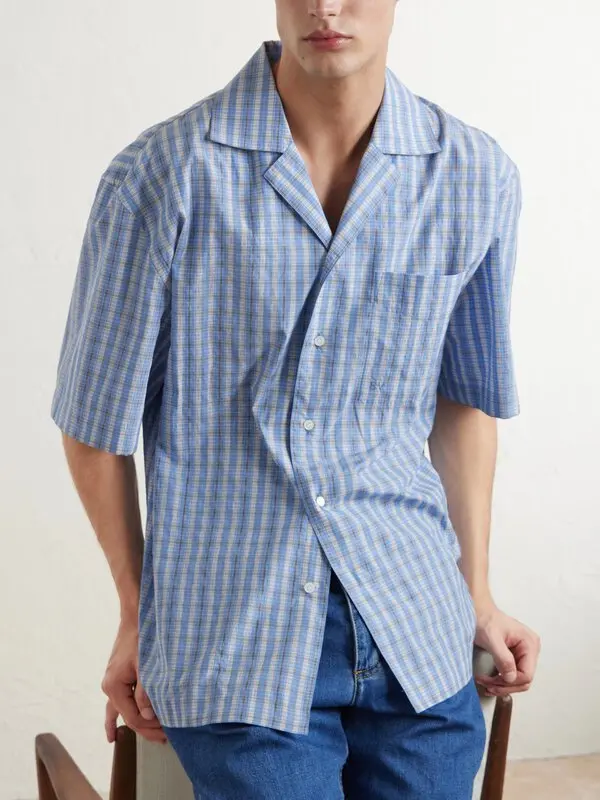 Bottega Veneta Camp-collar Logo-embroidered Checked Cotton And Silk-blend Shirt
