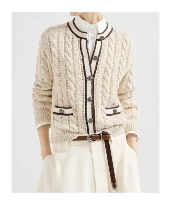 Brunello Cucinelli Soft Virgin Wool And Cashmere Diamond Yarn Cable-knit Cardigan - Cream