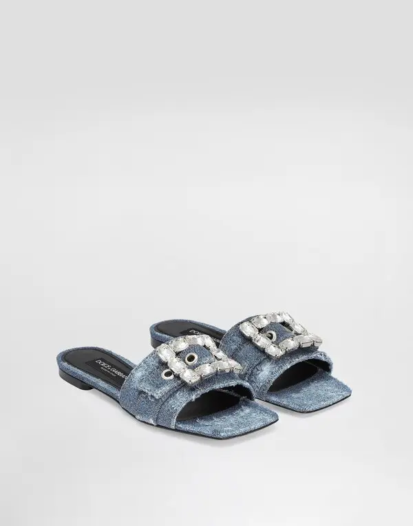 Dolce & Gabbana Patchwork Denim Slides With Rhinestone Buckle