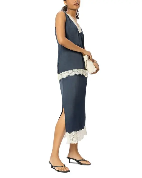 Whistles Lace Hem Satin Midi Skirt