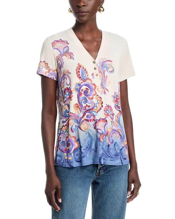 Johnny Was Printed Button-neck Tee