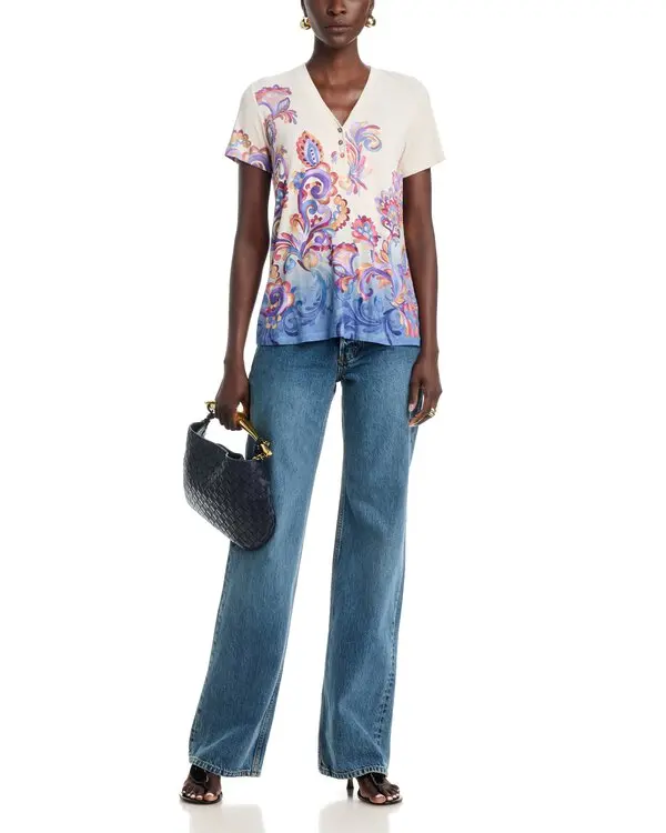 Johnny Was Printed Button-neck Tee