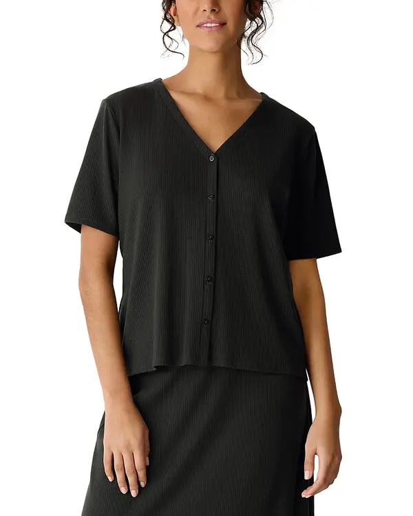 Eileen Fisher Ribbed V-neck Button-up Top