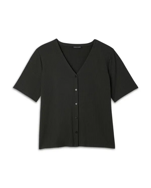 Eileen Fisher Ribbed V-neck Button-up Top