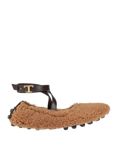 TOD'S Shearling Ballet Flats With Ankle Strap - Camel