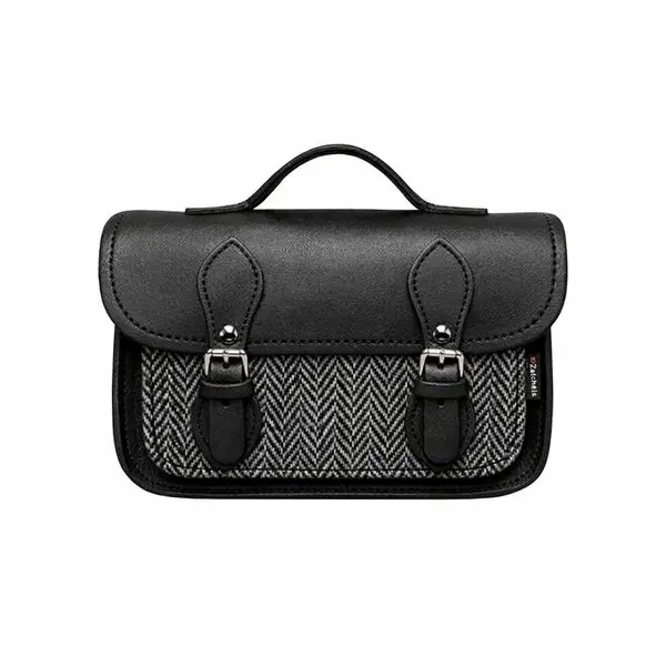 ZATCHELS Handmade Tannery Leather & Tweed Cross Body Micro Satchel Plus - Black