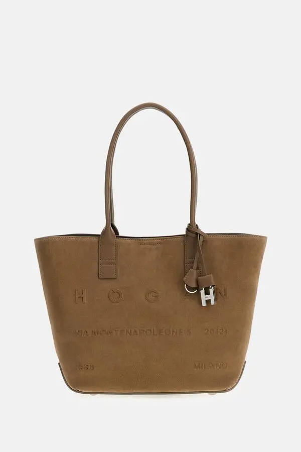 Hogan Suede Shopping Bag With Embossed Logo - Beige